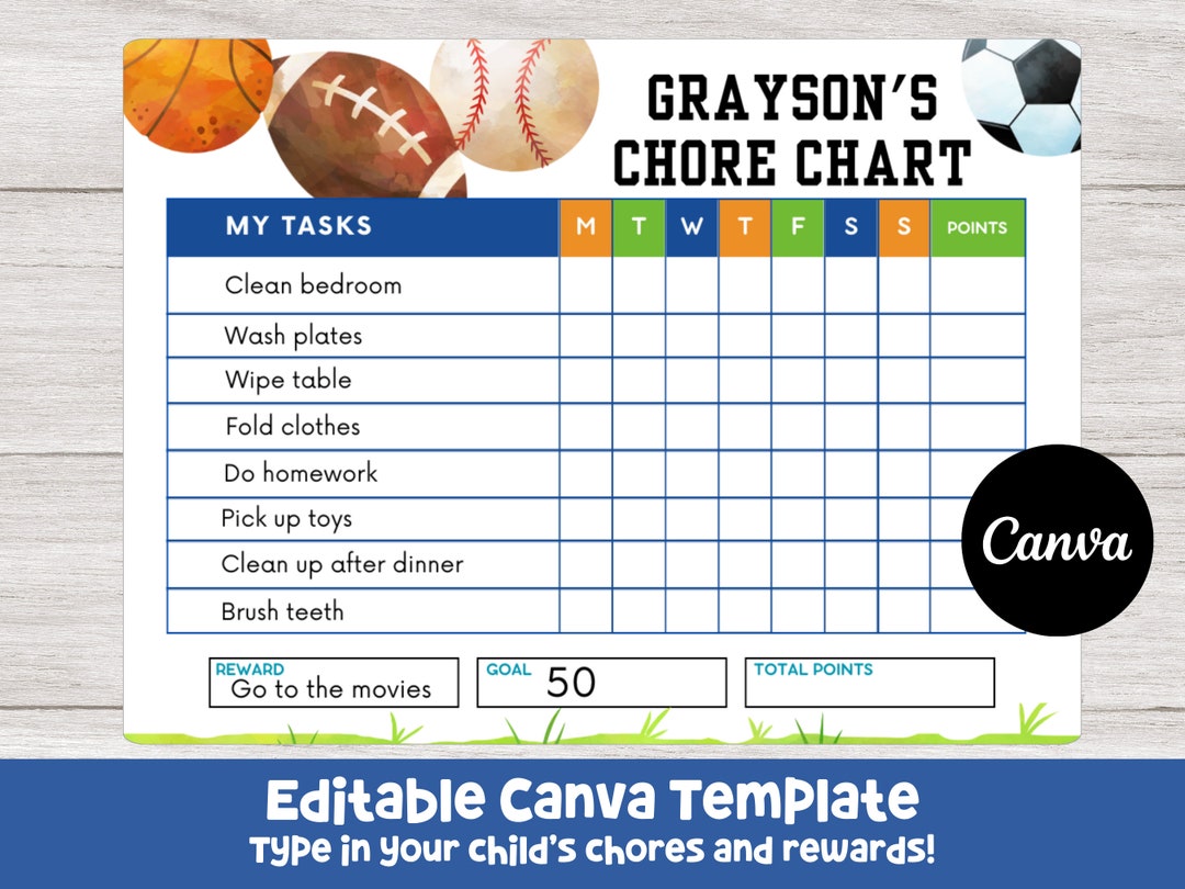 Editable Sports Reward Chart, Reward Chart for Boys, Printable Sports ...