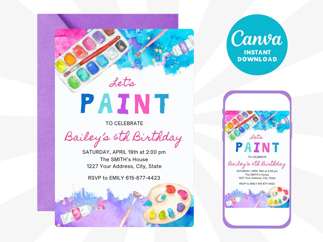 Art Birthday Party Invitation: Rainbow Paint Theme (digital Editable ...