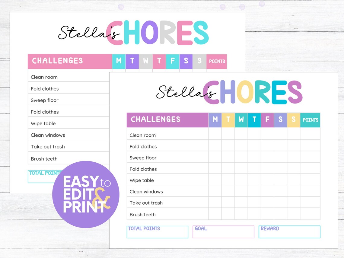 Chore Chart, Printable Editable Chore Chart, Kids Chore Responsibility ...
