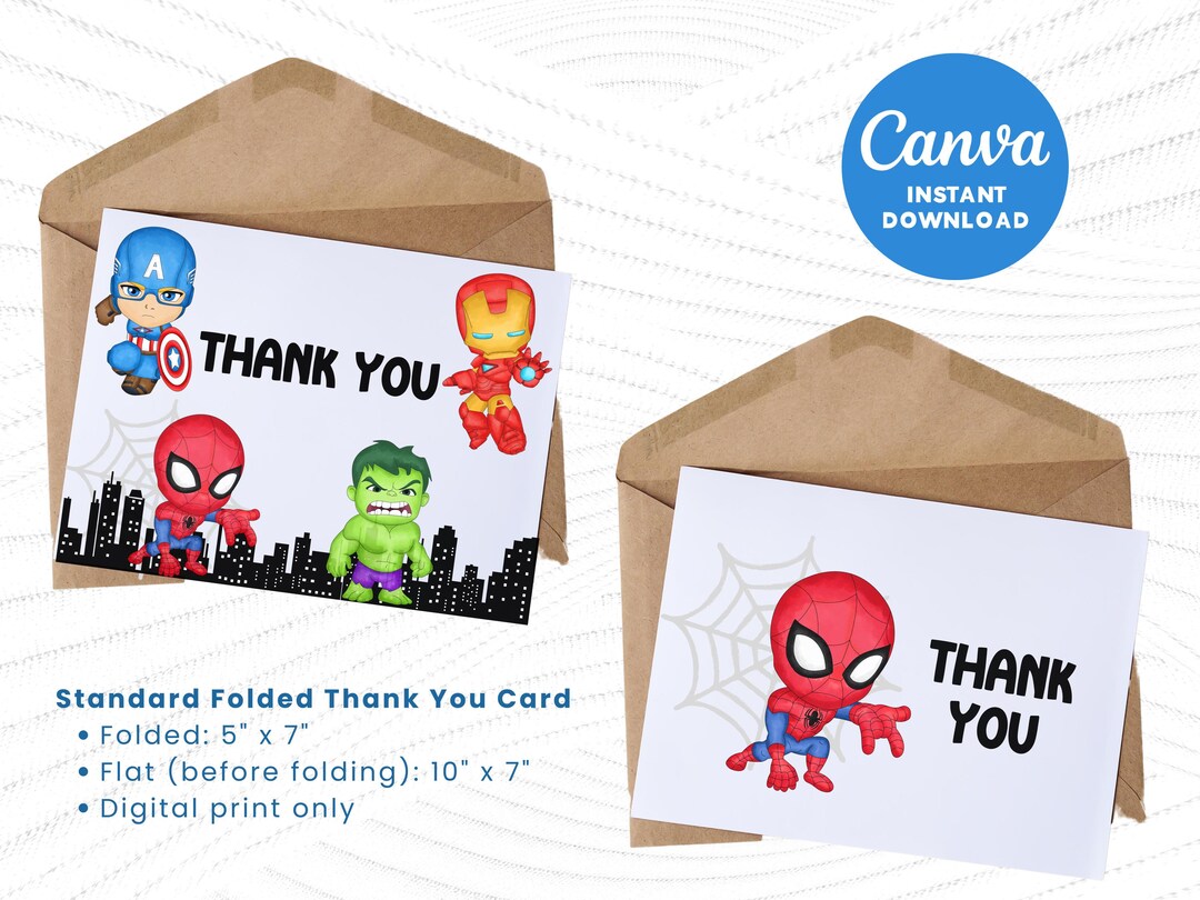 Superhero Folded Thank You Card | Avengers, Spiderman, Hulk | Printable Digital Card | Editable ...