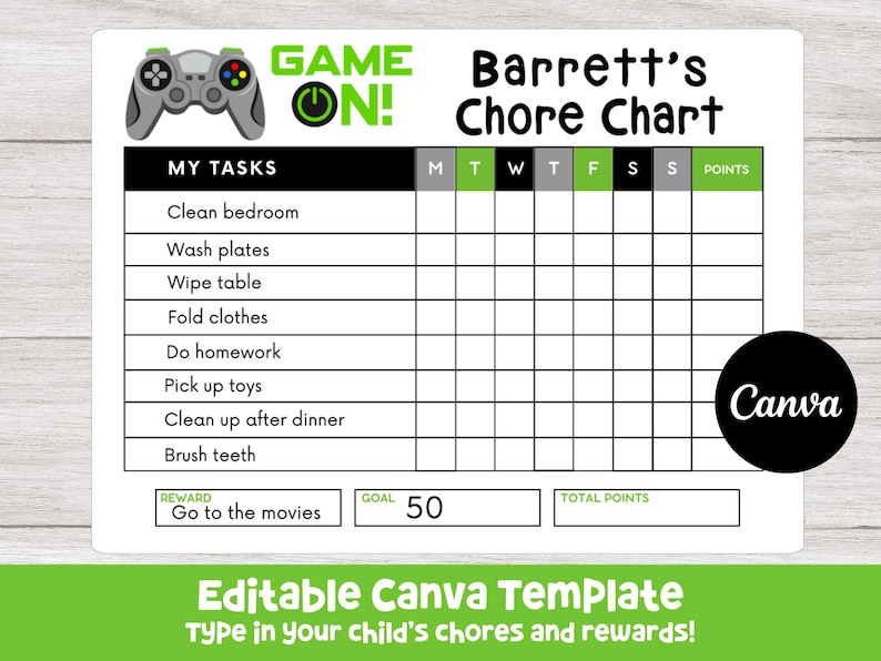 Chore Chart, Printable Editable Chore Chart, Kids Chore Responsibility ...