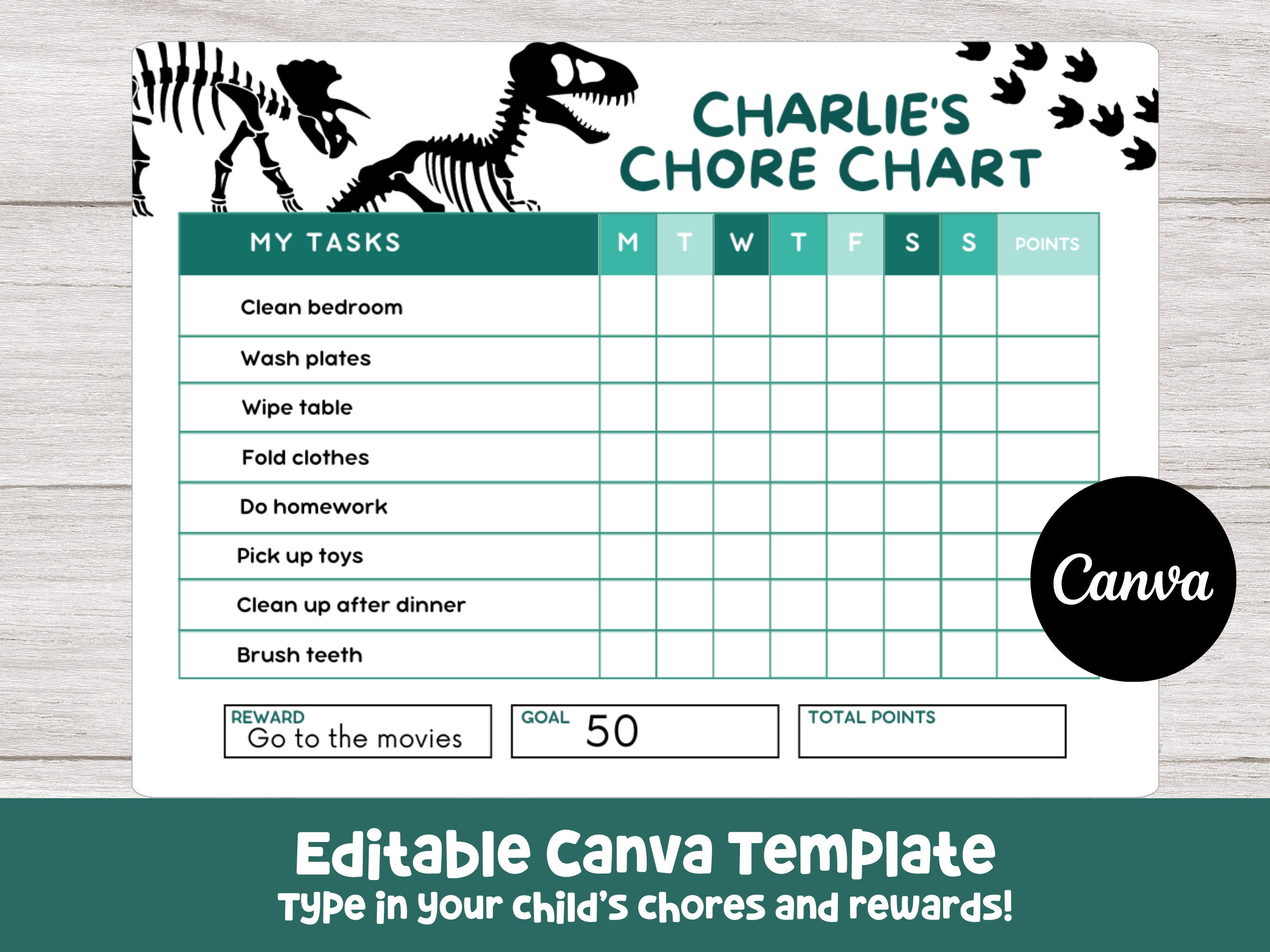 Chore Chart, Printable Editable Chore Chart, Kids Chore Responsibility ...