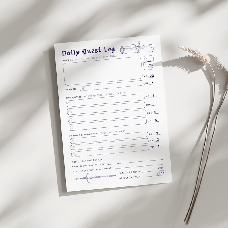 Daily Quest Logbook | ADHD Printable Planner | Fantasy-themed Productivity | 7-day Digital ...