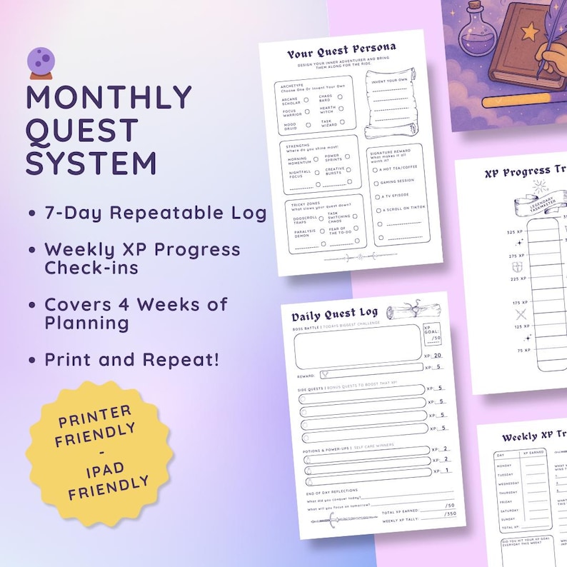 Daily Quest Logbook | ADHD Printable Planner | Fantasy-themed Productivity | 7-day Digital ...
