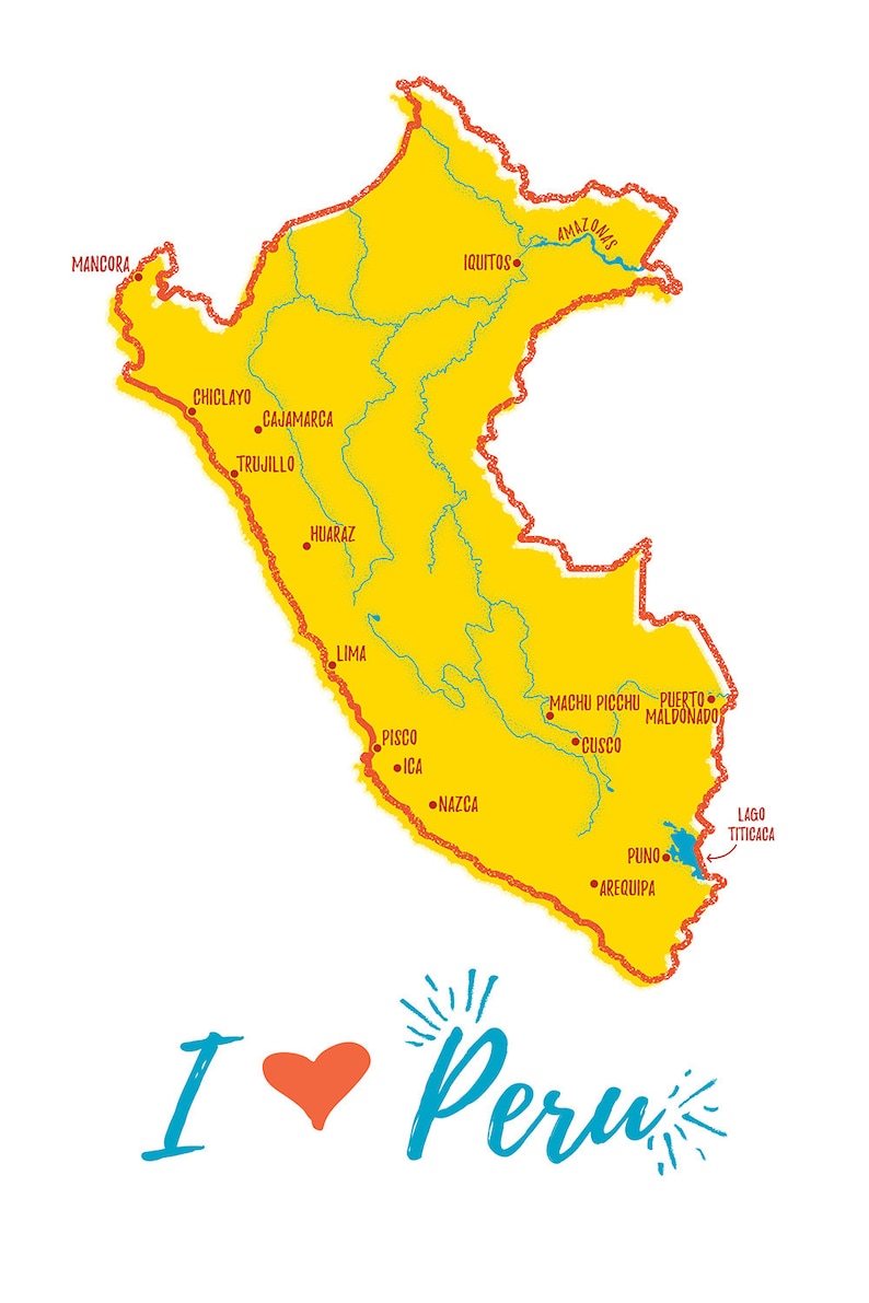 Printable Peru Map illustration poster Map of Peru print I | Etsy