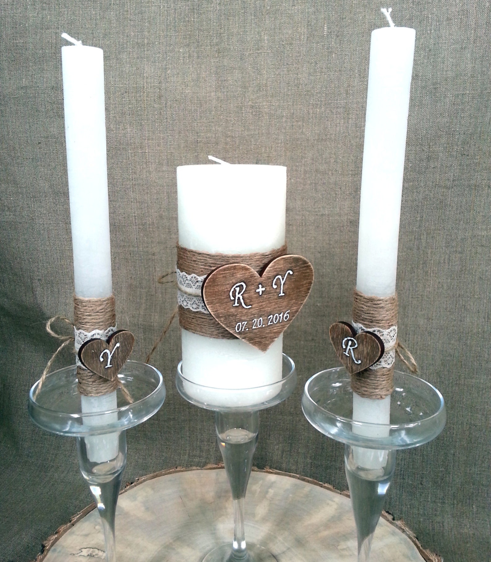 Personalized Wedding Unity Candle Set, Rustic Unity Country Chic Candle ...