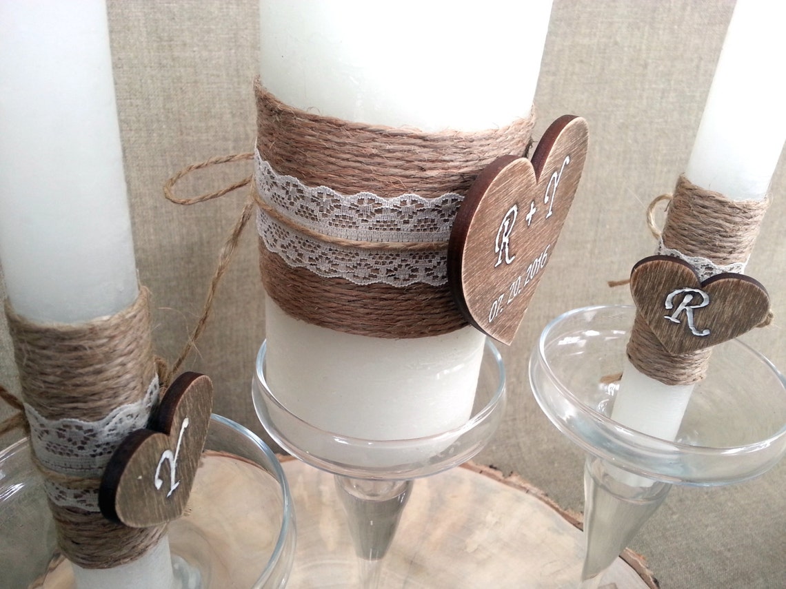 Personalized Wedding Unity Candle Set, Rustic Unity Country Chic Candle ...