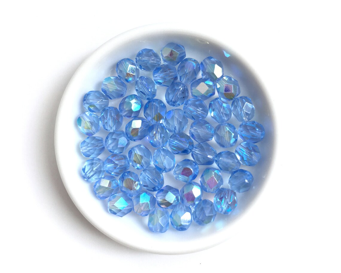 50pc 6mm Saphhire Blue AB Fire Polished Bead, Czech Glass Bead, Round ...