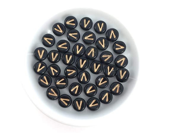 20 Alphabet Bead Black Letter V Name Bead Czech Glass Bead | Etsy