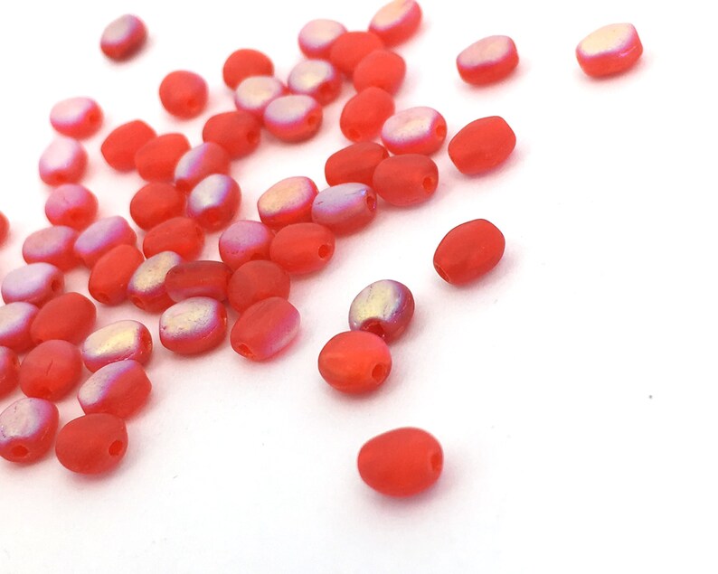 100 Flat Oval Beads Red AB, Frosted Glass Beads, Vintage Czech Beads ...
