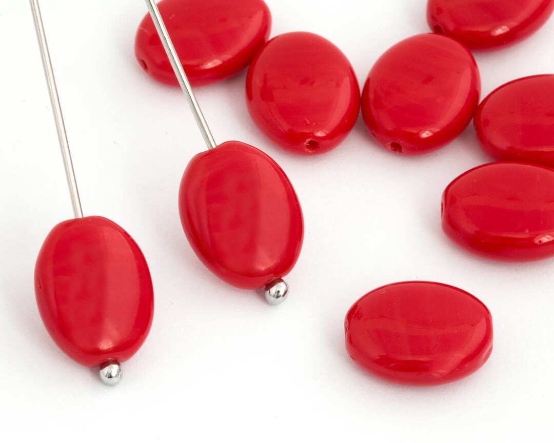 15 Opaque Red Oval Glass Bead, Flat Oval Bead, Vintage Glass Bead ...