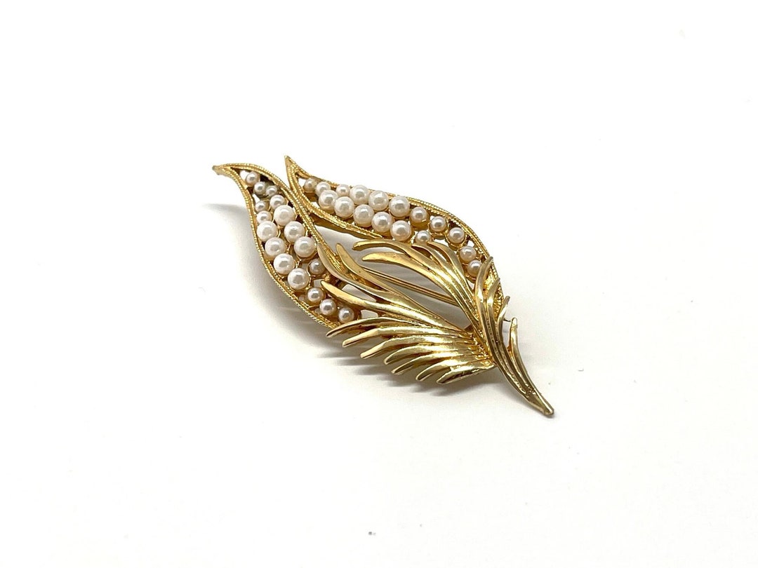 Gold Metal Leaf Brooch Pin With Pearls Shawl Pin Scarf Pin Sweater Pin ...
