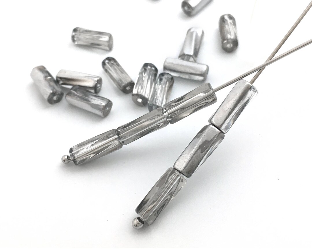30 Clear Silver Long Bead, Glass Tube Bead, Vintage Czech Bead ...