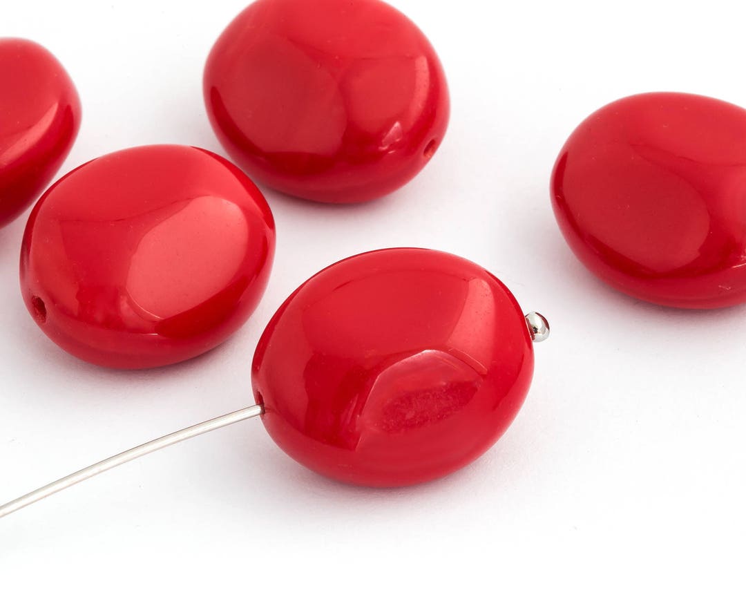 16x19 Bright Red Oval Bead, Czech Glass Bead, Flat Bead, Pressed Bead ...