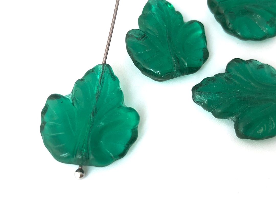 Green Glass Leaf Bead, Czech Glass Bead, Large Leaf Pendant, Charm Bead ...