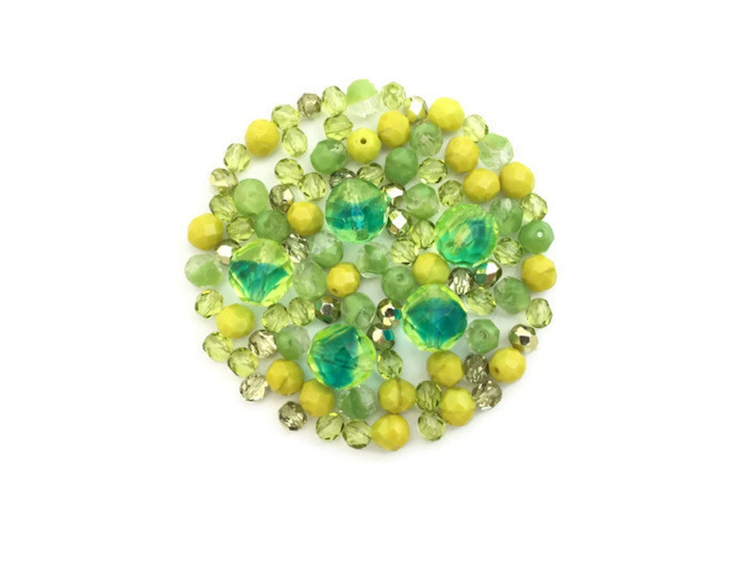 50g Vintage Bead Soup, Green Bead Mix, Czech Fire Polished Bead, Round ...