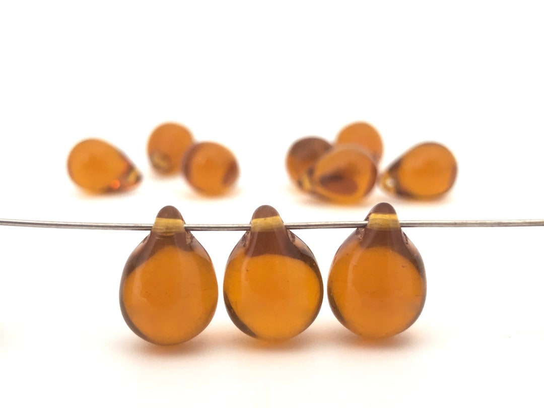 Amber Brown Teardrop Bead, Czech Glass Bead, Curtain Bead, Glass Drop ...