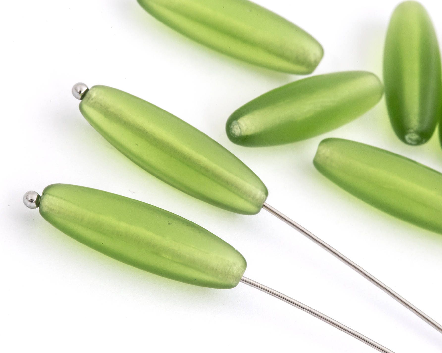Matte Green Long Tube Bead, Czech Pressed Glass Bead, Bohemian Bead ...