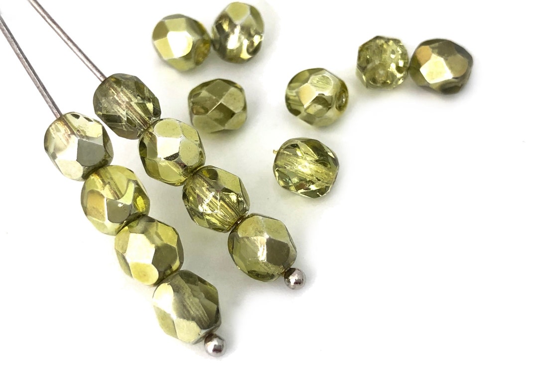 50 Czech Glass Beads, 6mm Green Fire Polished Bead, Round Faceted Beads ...