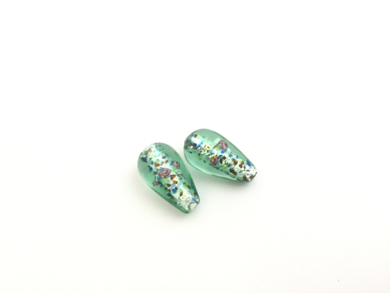 2 Vintage Lampwork Beads, Green Teardrop Beads, Czech Glass Beads ...