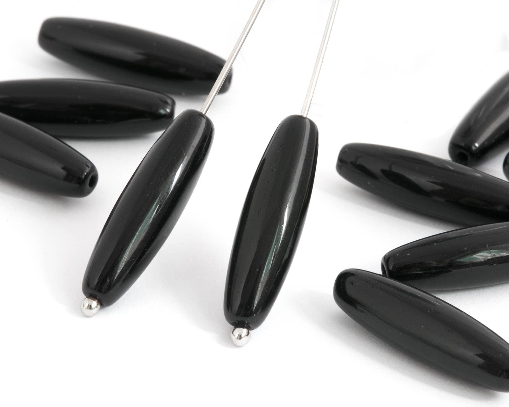 8 Black Long Tube Bead, Glass Tube Bead, Geometric Bead, Czech Bead ...