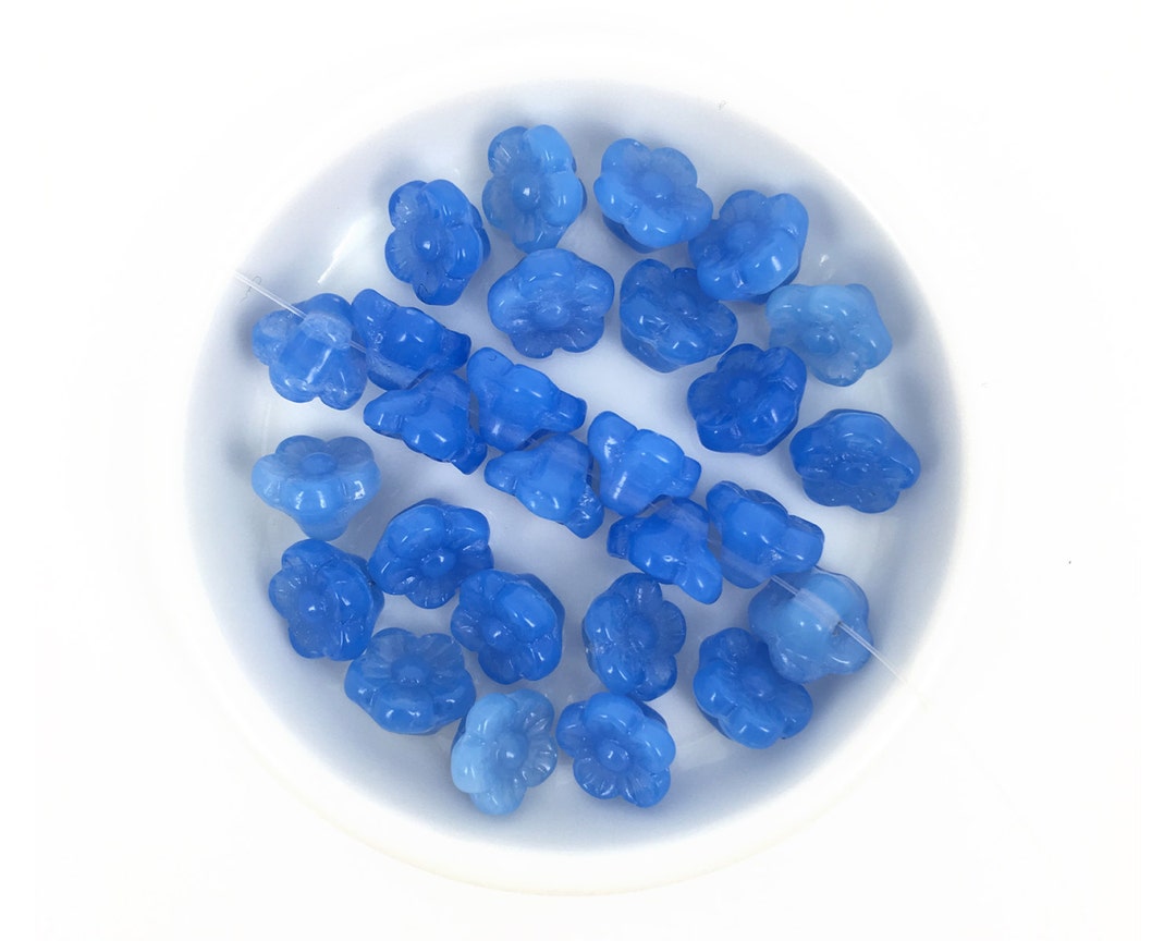 30 Blue Flower Beads, 8mm Flower Charm Beads, Button Beads, Czech Glass ...