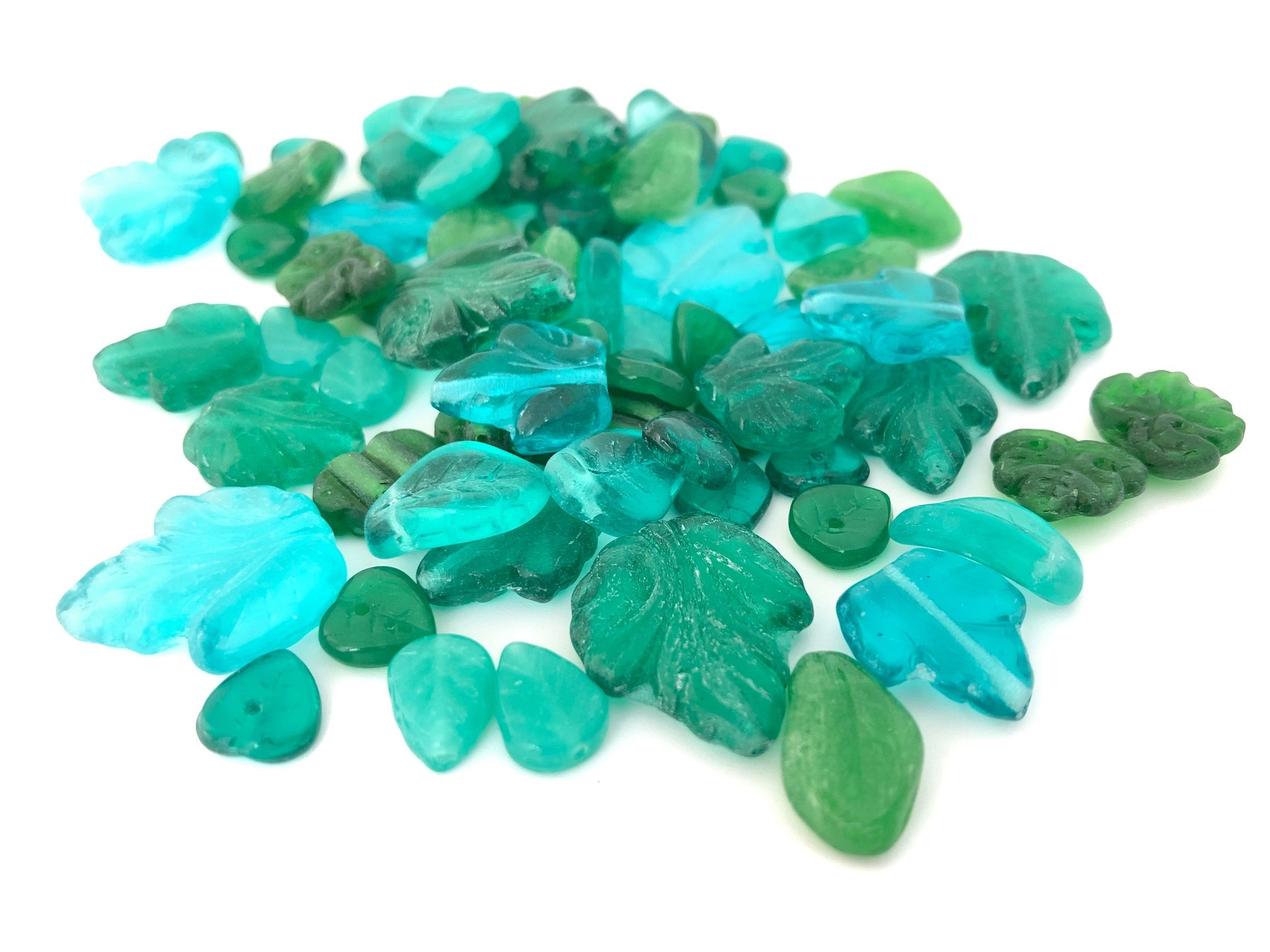 60g Czech Glass Leaf Bead Mix, Green Leaf Bead, Leaf Charm Bead ...