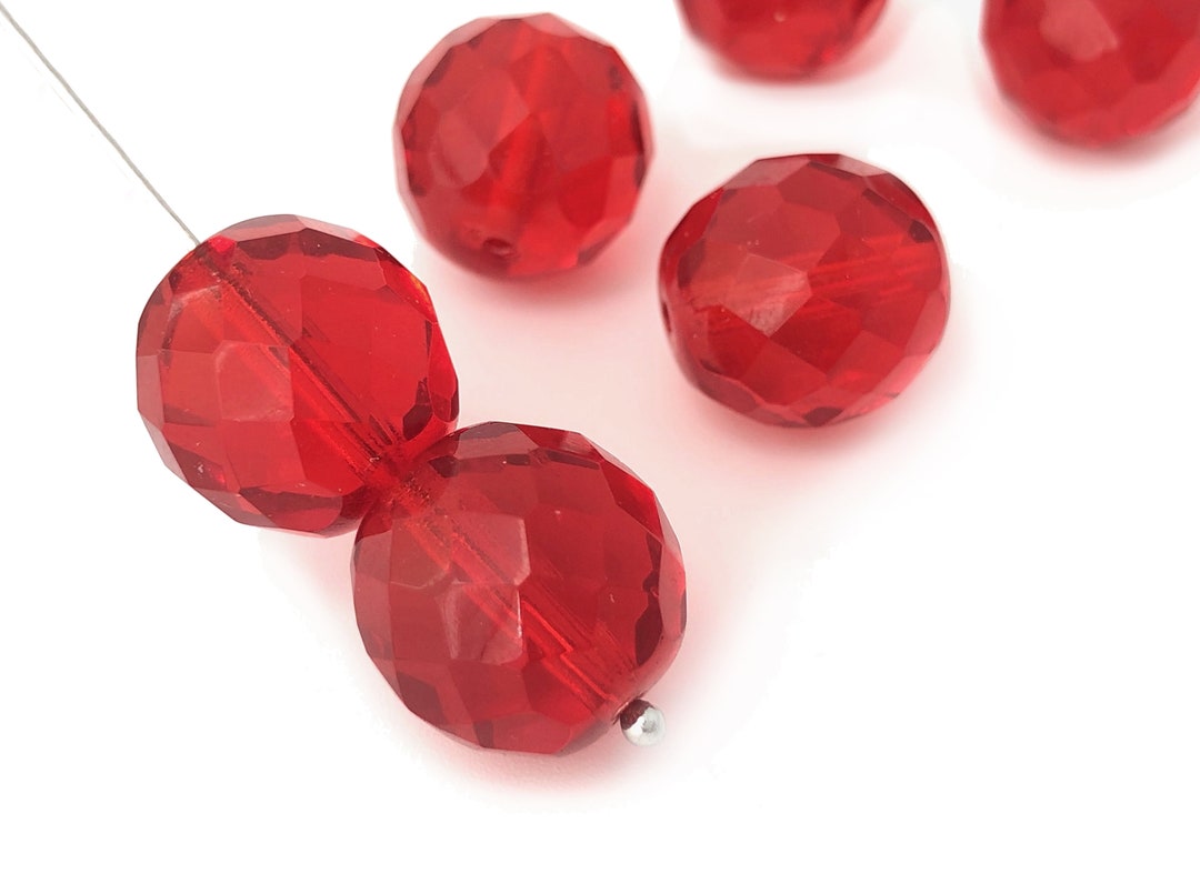 4 Ruby Red Fire Polished Bead, 14mm Glass Bead, Round Spacer Faceted ...