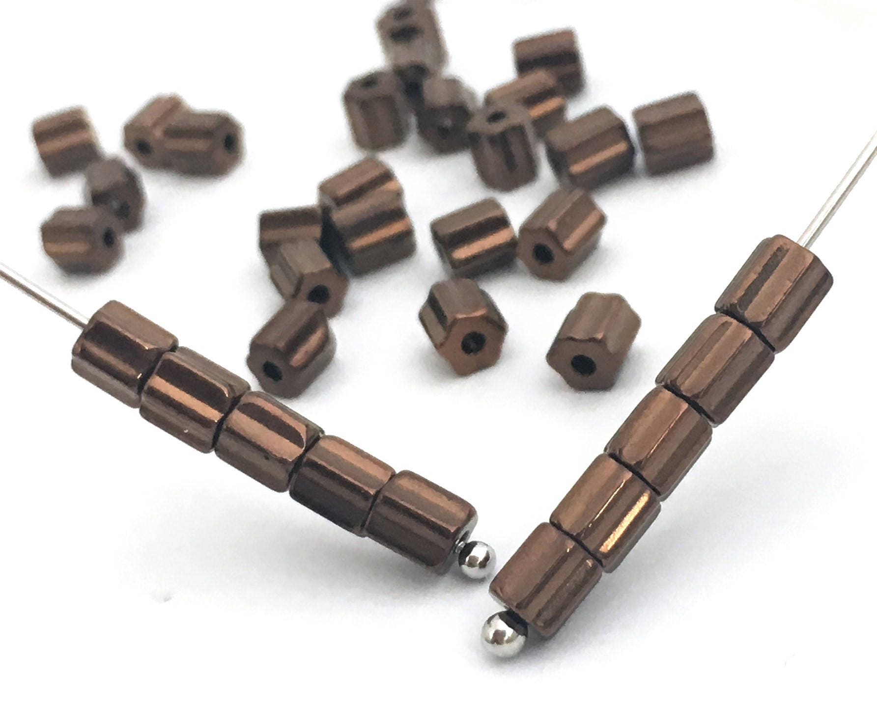 50 Bronze Glass Tube Bead, 4mm Geometric Bead, Polygon Bead, Czech ...