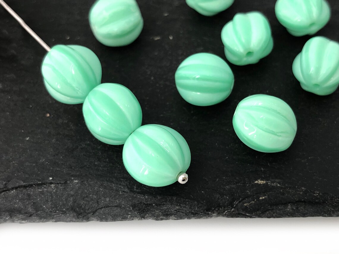 12 Turquoise Green Melon Bead, 10mm Round Spacer, Czech Glass Bead ...