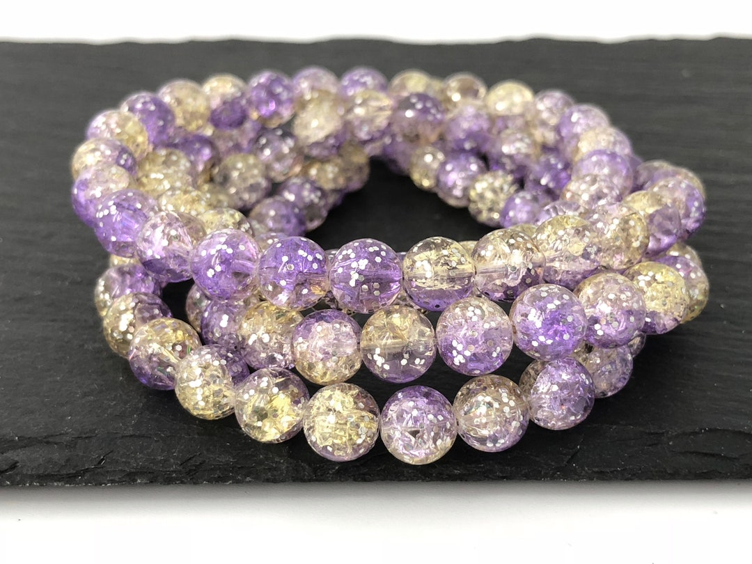 8mm Cracked Bead, Two Tone Bead Purple Yellow, Glitter Bead, Smooth ...