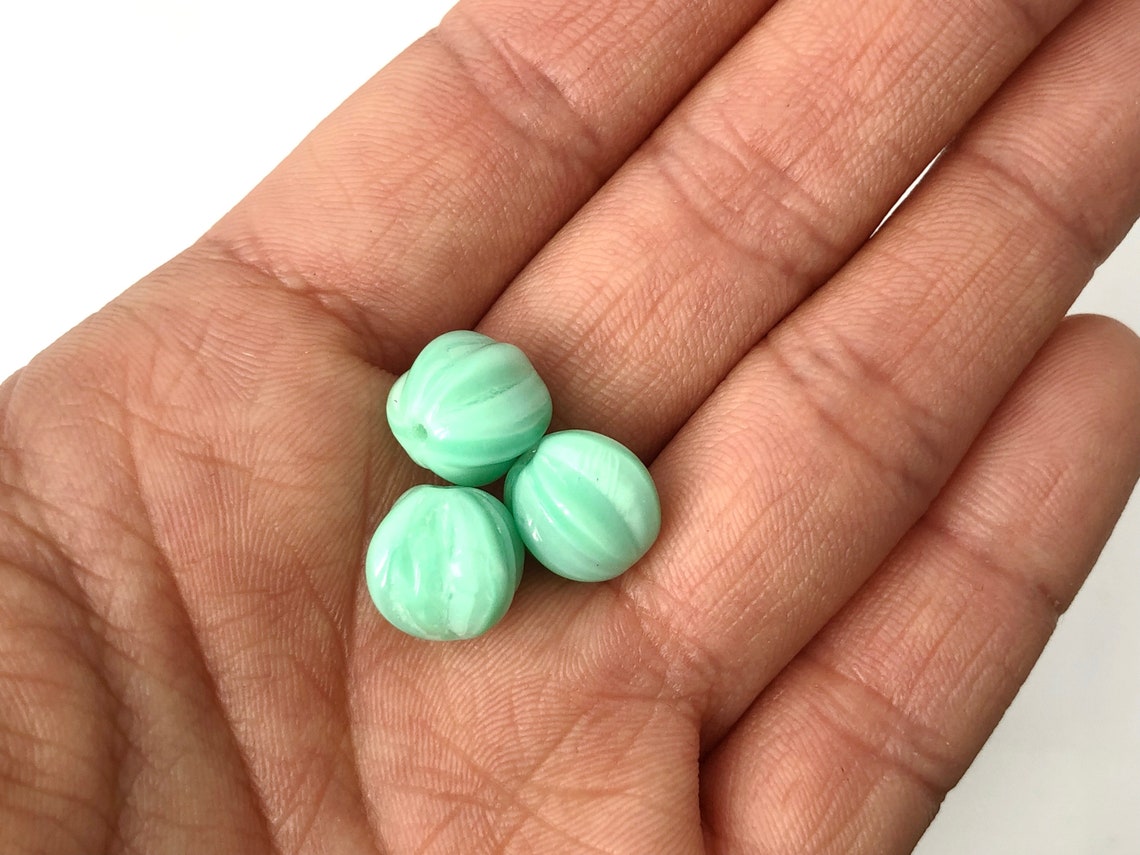 12 Turquoise Green Melon Bead, 10mm Round Spacer, Czech Glass Bead ...