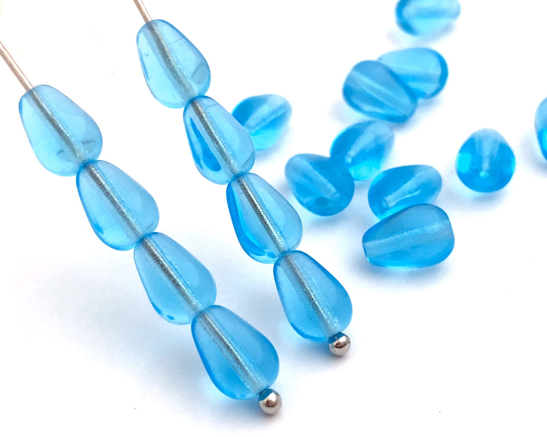 30 Aqua Blue Glass Teardrop Bead, Czech Bead, Glass Drop Bead, Pressed ...