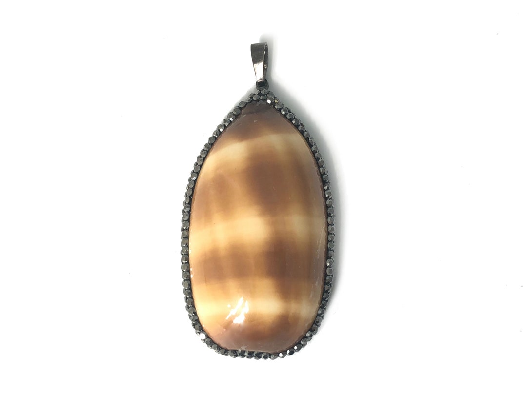 Large Shell Pendant With Rhinestone and Bail, Necklace Pendant, Brown ...