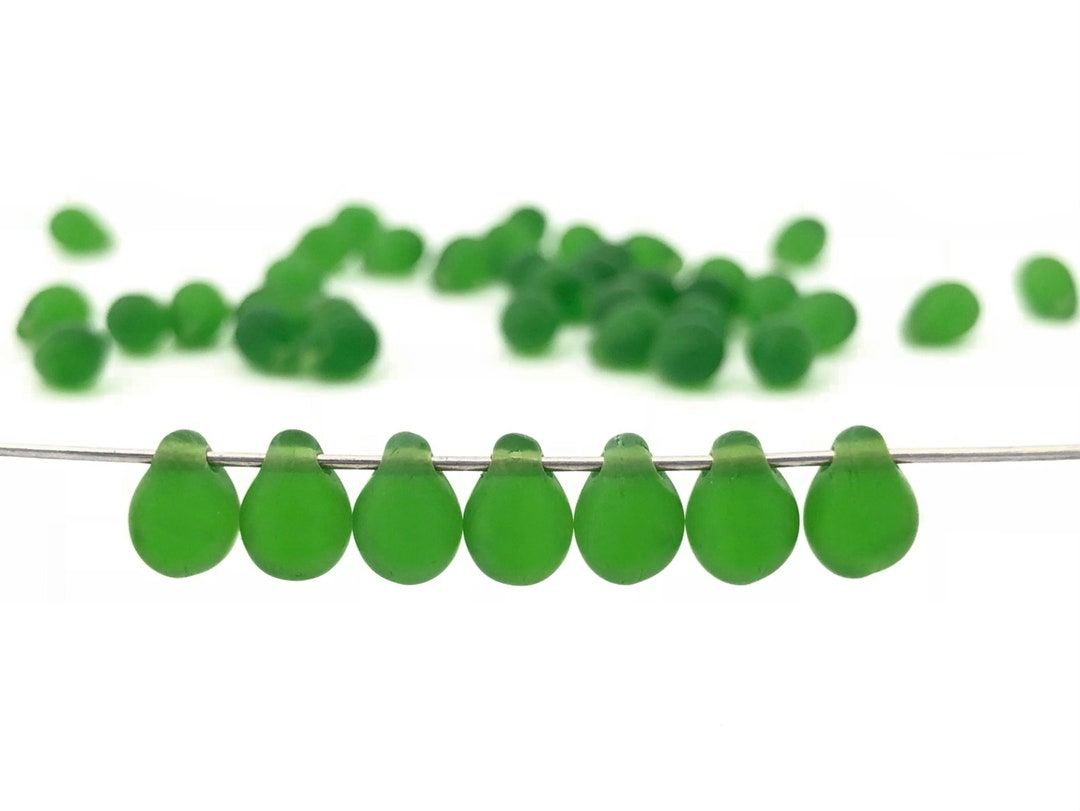 Matte Green Teardrop Beads, 5x7 Small Drop Beads, Vintage Czech Glass ...