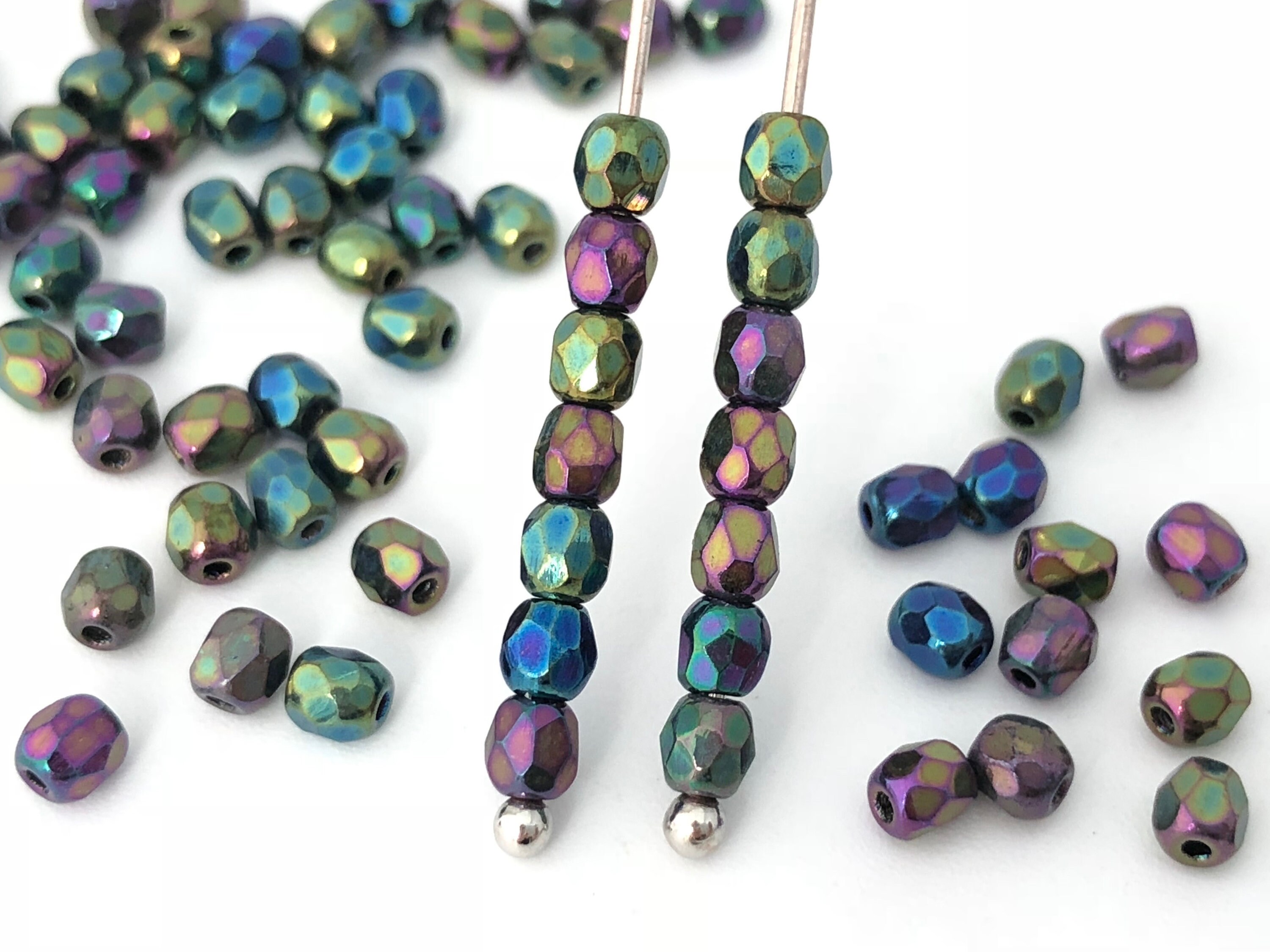 100 Green Iris Fire Polished Bead Glass Spacer Round Faceted | Etsy