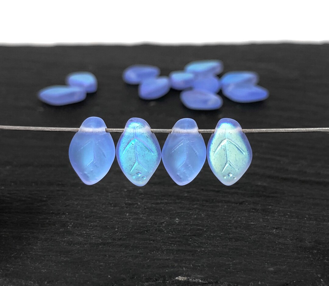 30 AB Matte Blue Glass Leaf Bead, Nature Bead, Czech Glass Bead, Leaf ...