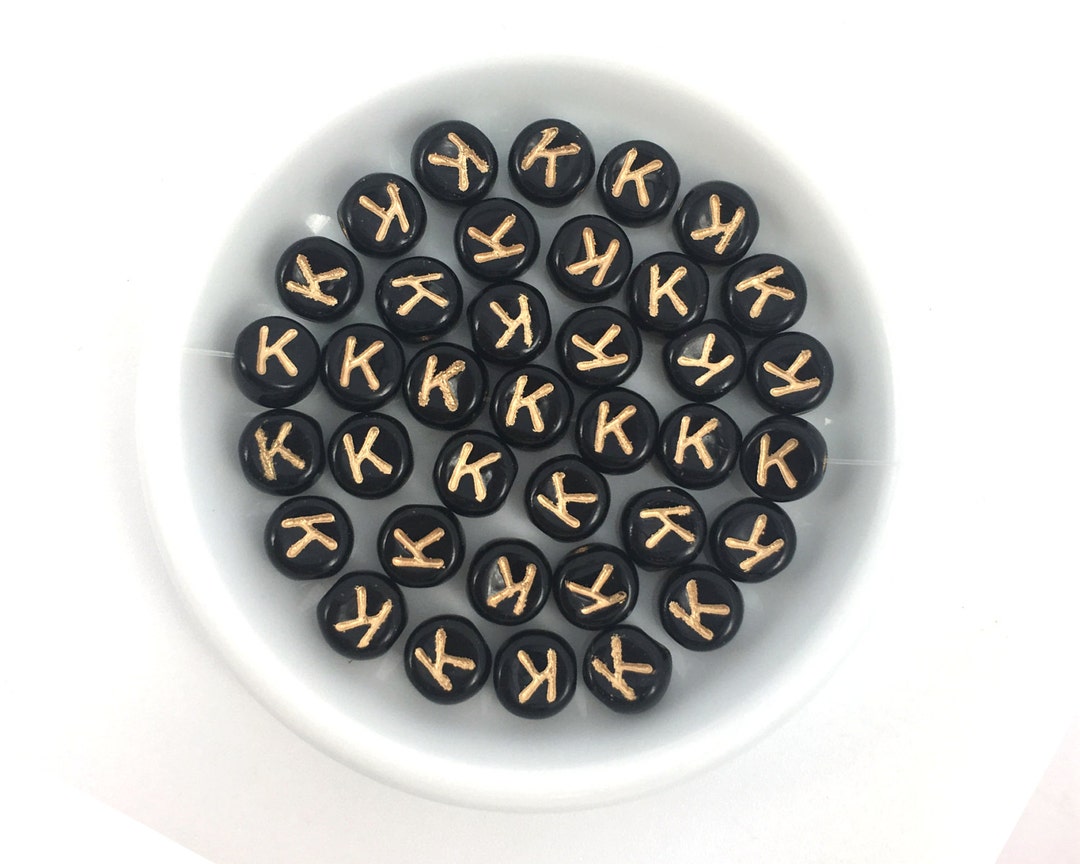 20 Alphabet Bead, Black Letter K, Name Bead, Czech Glass Bead, Alphabet ...