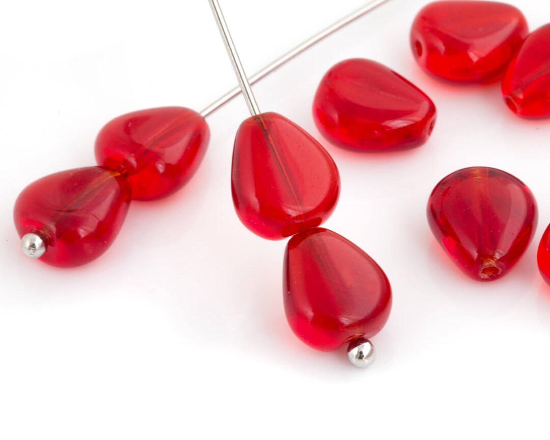 20 Red Teardrop Bead, 8x9 Flat Teardrop, Czech Glass Bead, Drop Charm ...