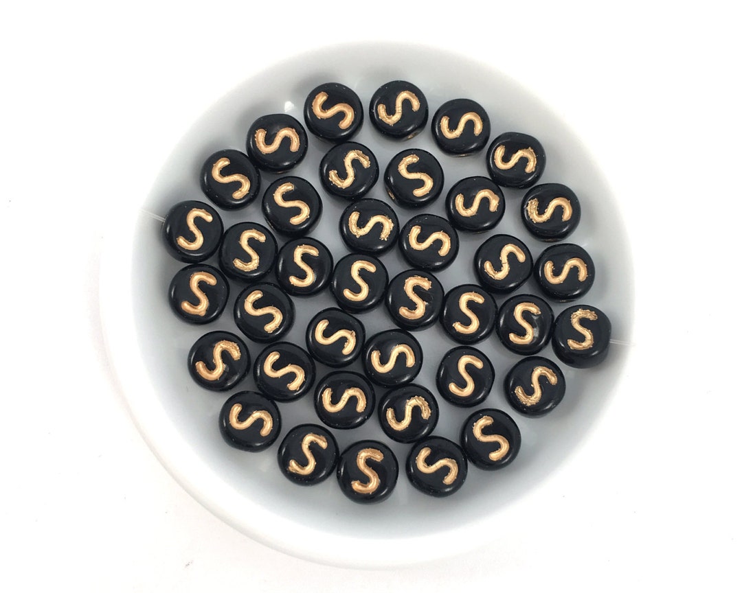 20 Alphabet Bead, Black Letter S, Name Bead, Czech Glass Bead, Alphabet ...