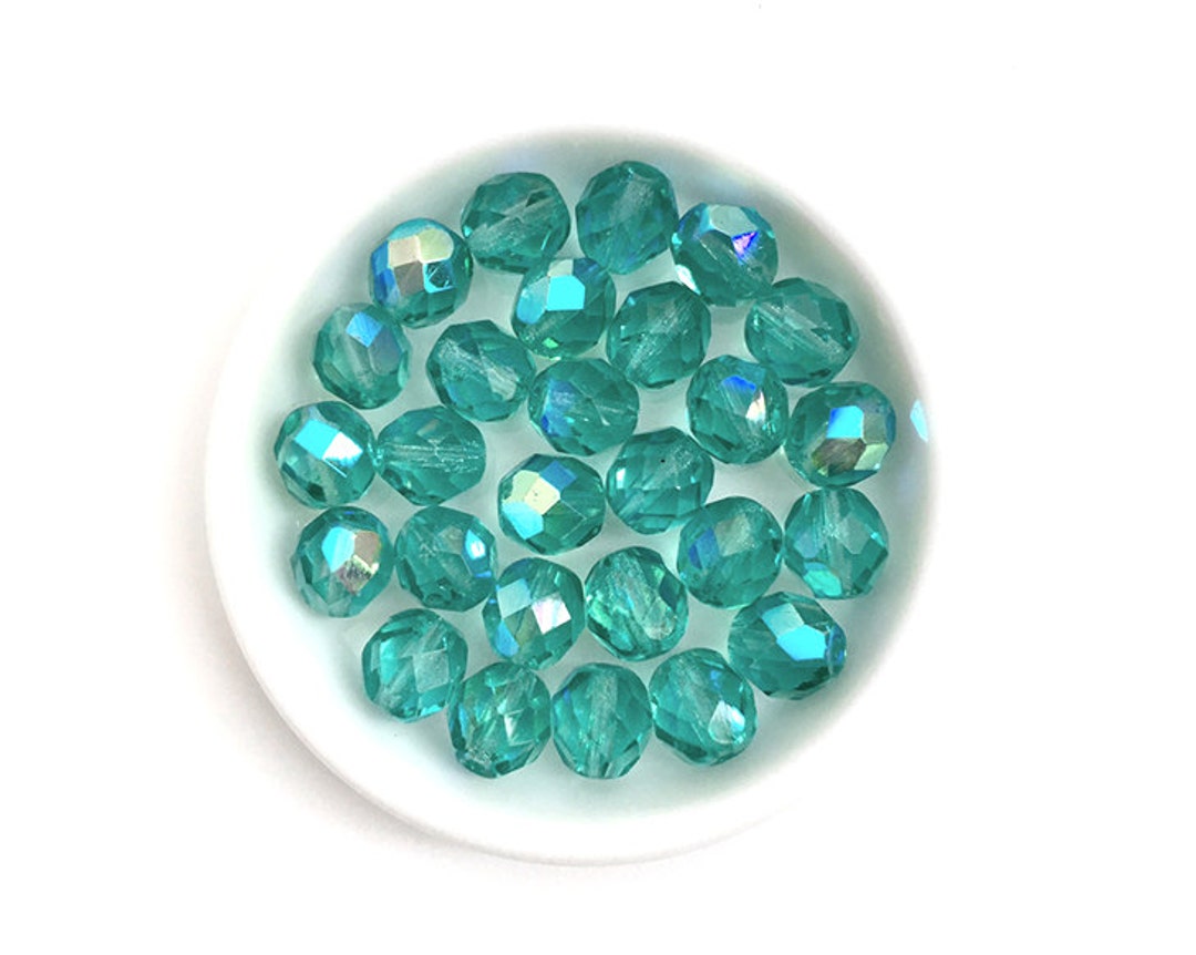 8mm Teal Blue AB Czech Fire Polished, Round Faceted Bead, Spacer Bead ...