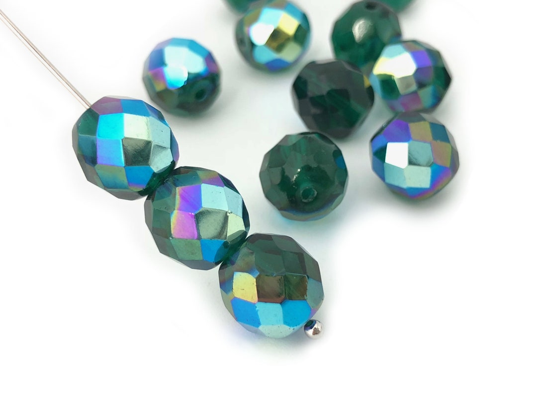 10 Round Faceted Bead Dark Emerald Green AB, 10mm Fire Polished Beads ...