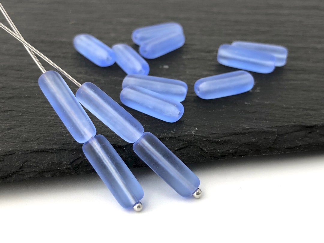 Matte Blue Glass Tube Bead, Long Square Bead, Czech Bead, Ohemian Bead ...