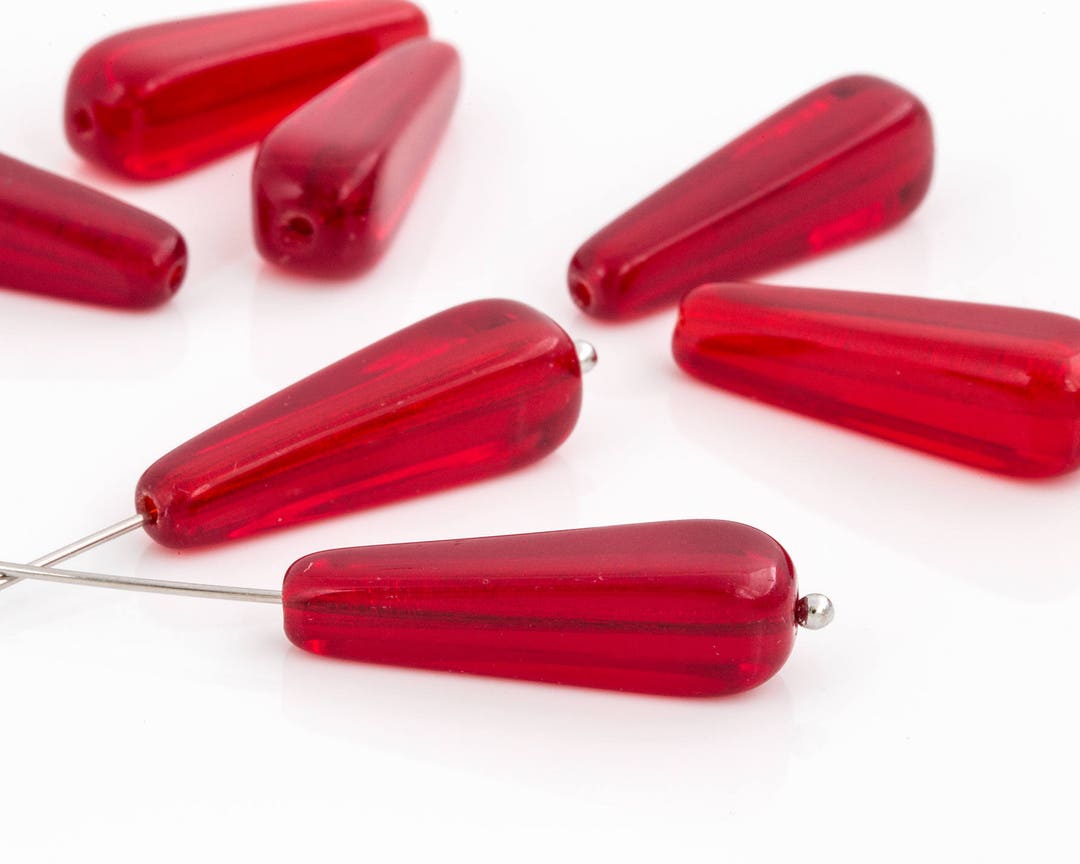 6 Red Teardrop Bead Vintage Czech Glass Drop Long Fringe Bead Pendant ...