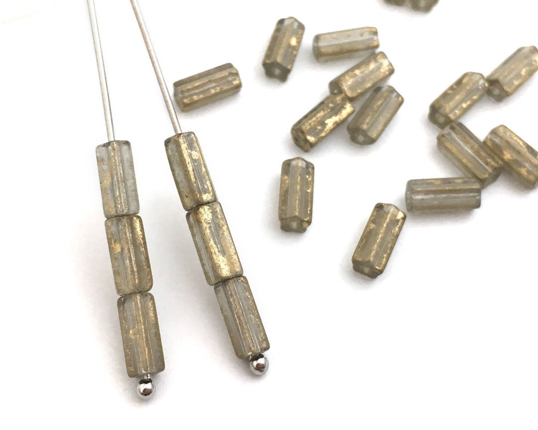 50 Glass Tube Bead Gold Picasso Vintage Czech Bead Stick Bead Long Bead ...