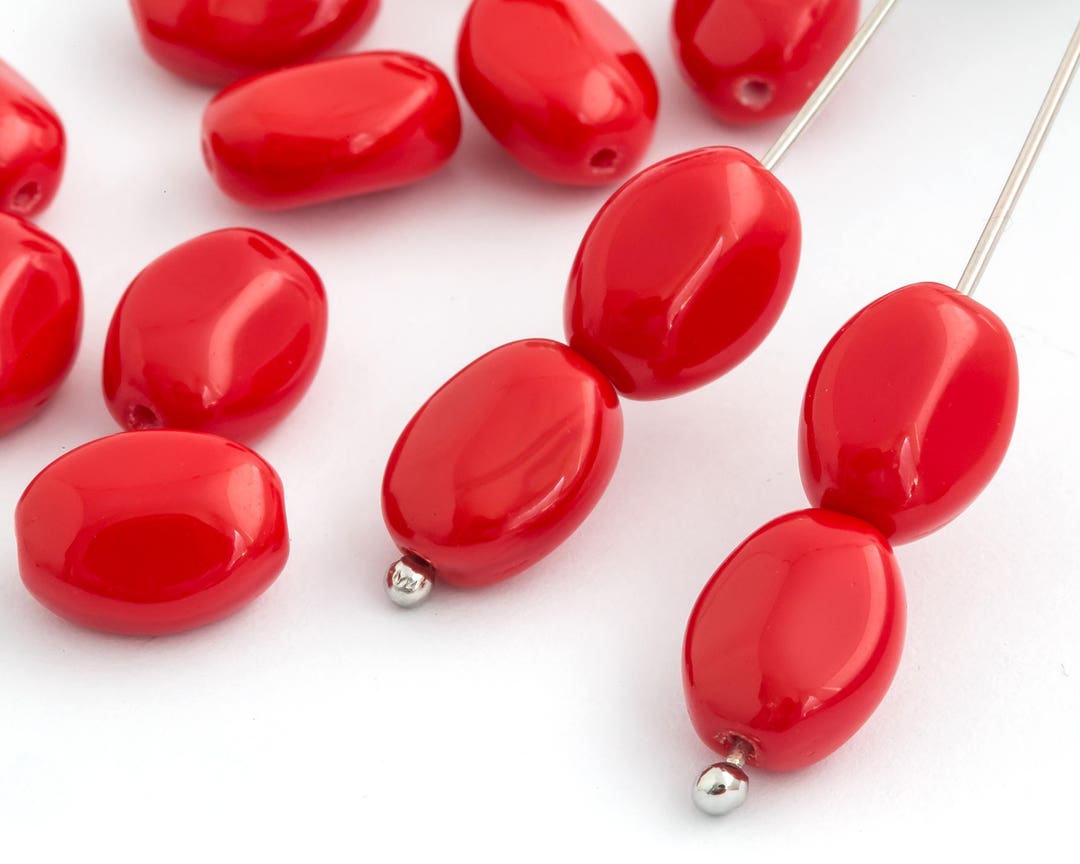 Opaque Red Oval Bead, Vintage Czech Glass Bead, Flat Bead, Spacer Bead ...