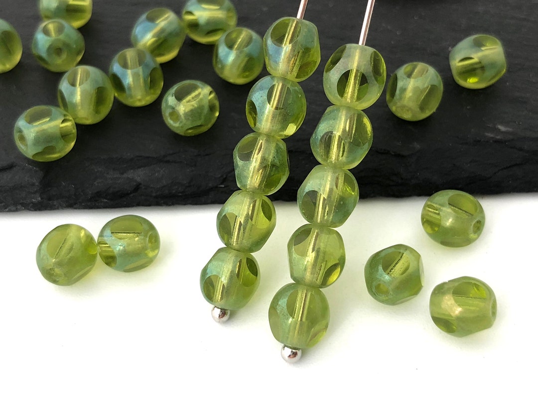 20 Green Beads, 6mm Czech Glass Beads Window Cut, Round Spacer Beads ...