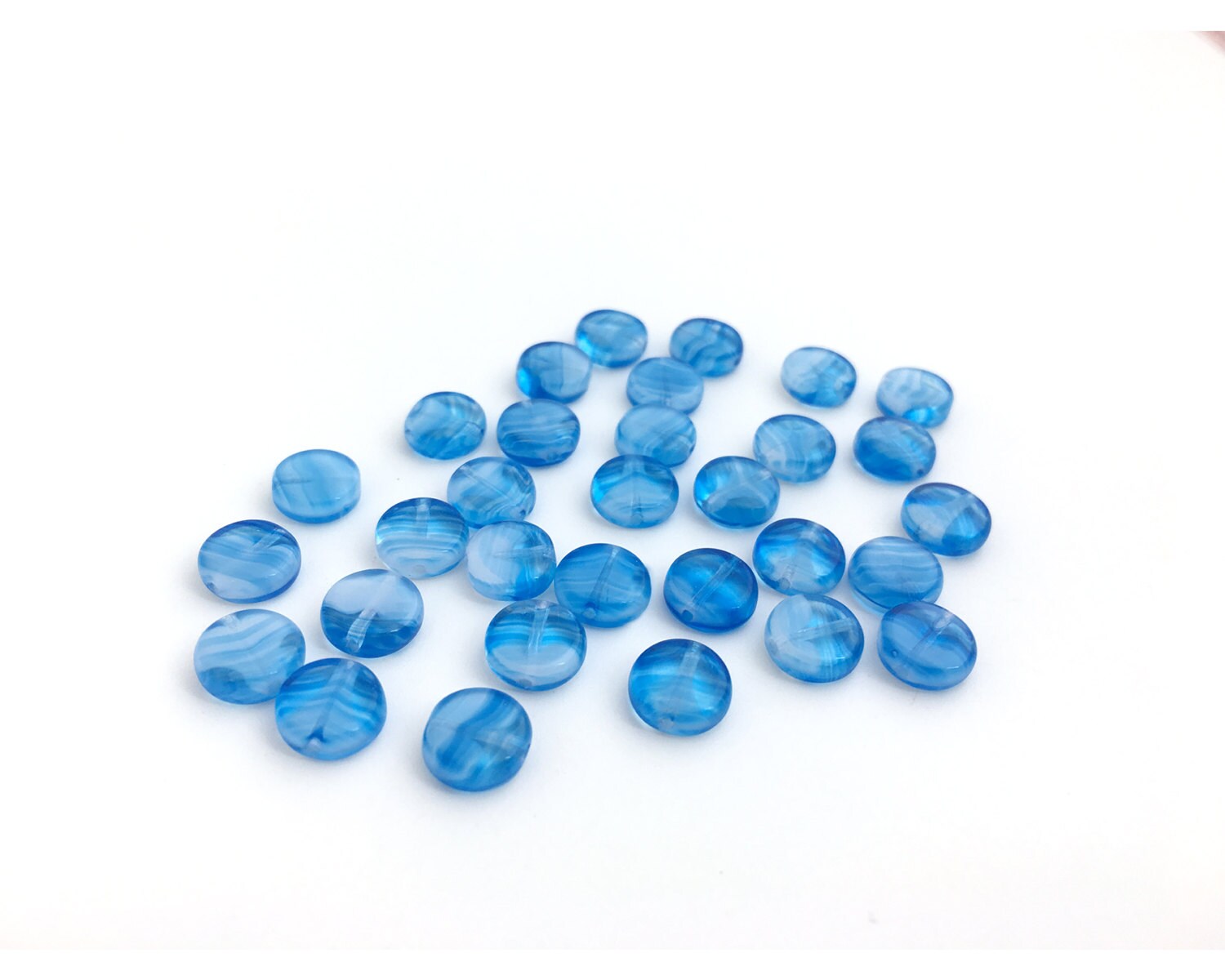 30 Flat Coin Bead, Swirl Bead, Two Tone Blue Glass Bead, 8mm Spacer ...