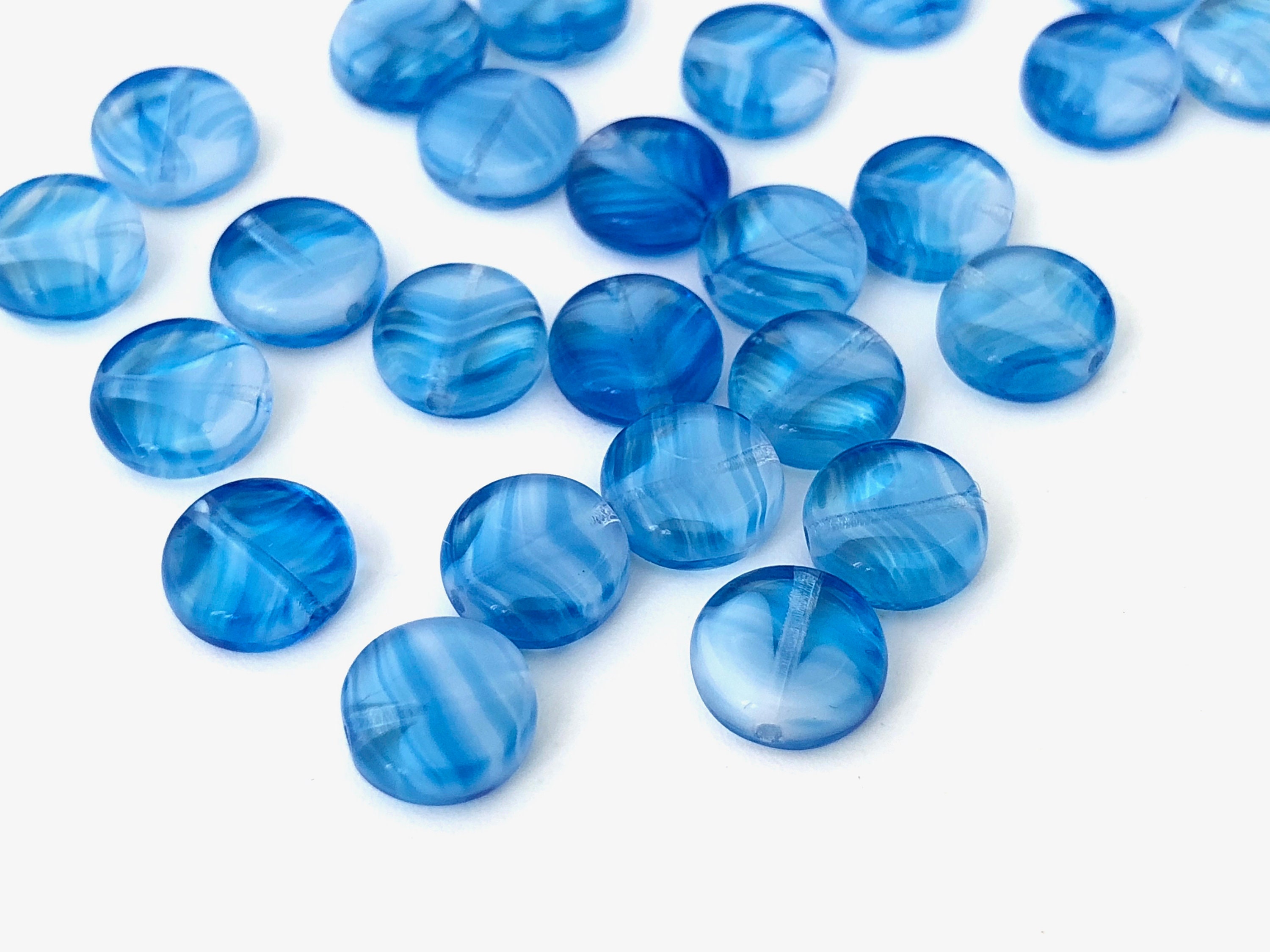 30 Flat Coin Bead, Swirl Bead, Two Tone Blue Glass Bead, 8mm Spacer ...