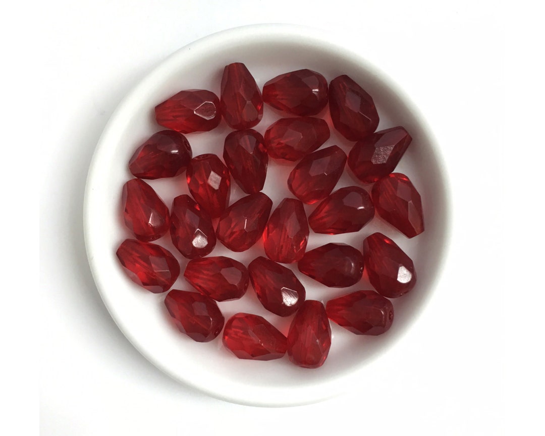 Garnet Red Glass Teardrop Bead, Czech Fire Polished, Faceted Teardrop ...